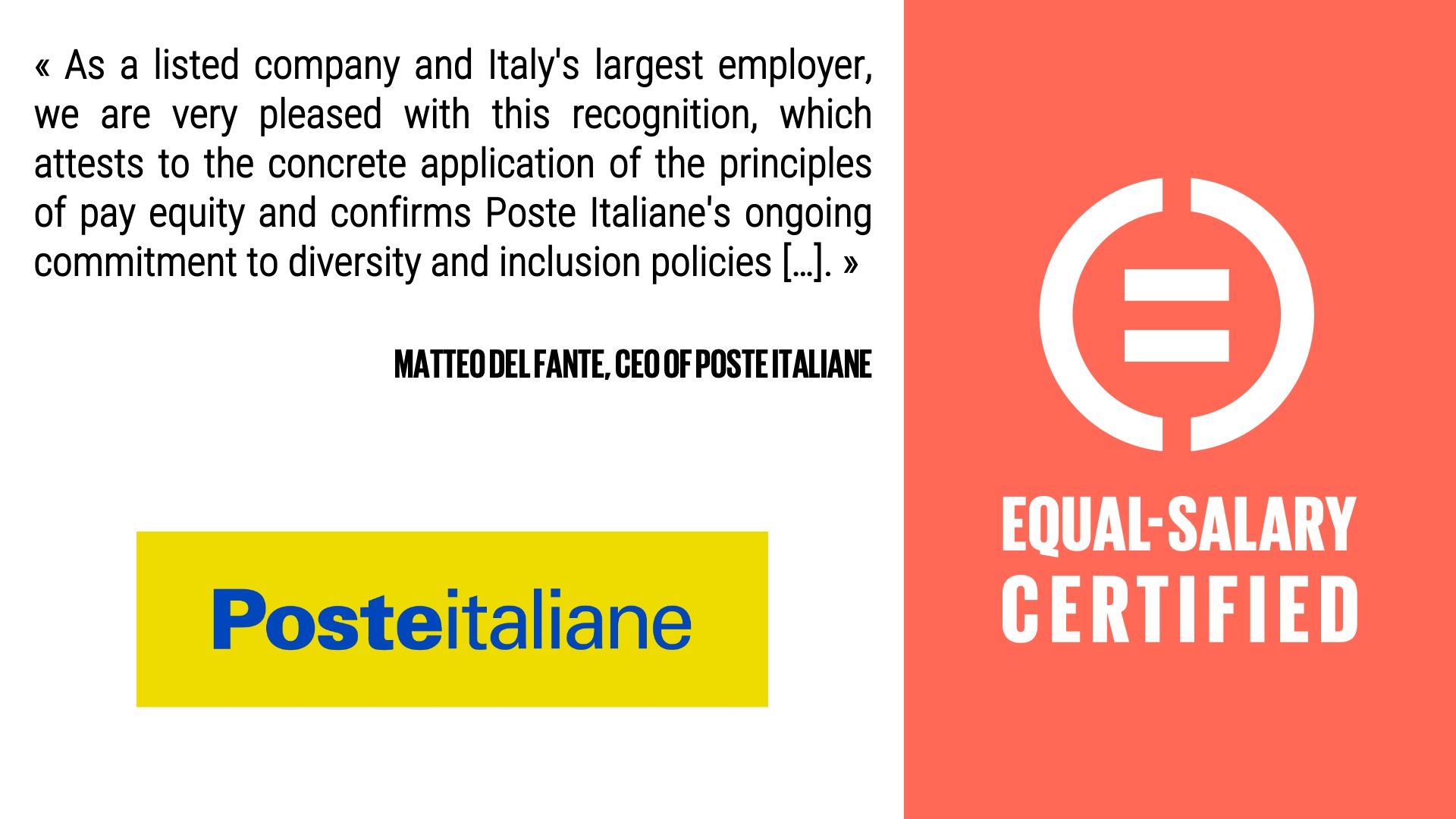 POSTE ITALIANE OBTAINS THE EQUAL-SALARY CERTIFCATION • EQUAL SALARY